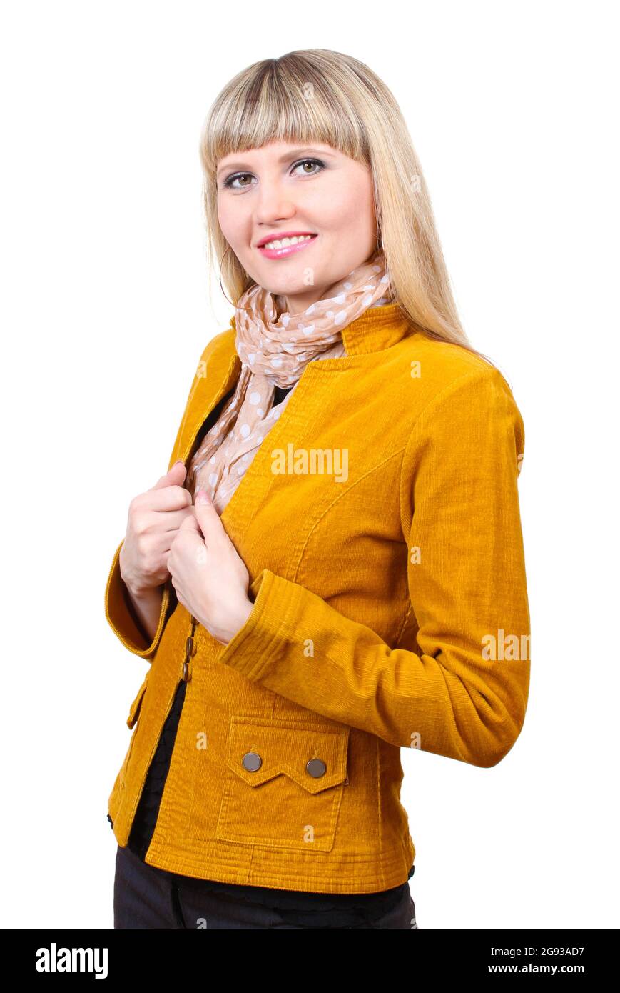 Beautiful young woman in bright jacket isolated on white Stock Photo ...