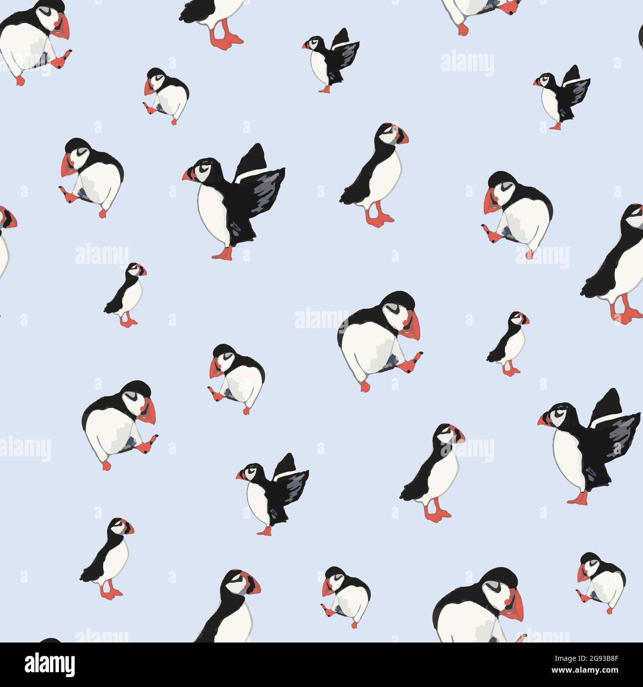 Vector blue background ocean seabird, arctic birds, puffins. Seamless ...