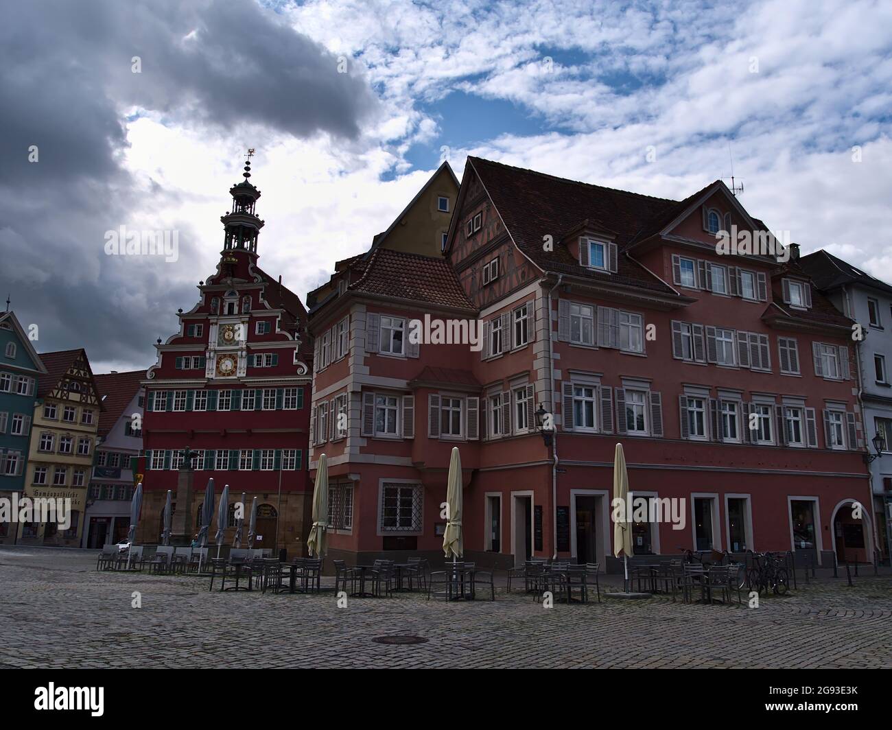 Cityscape of historic center of Esslingen with old town hall (left ...