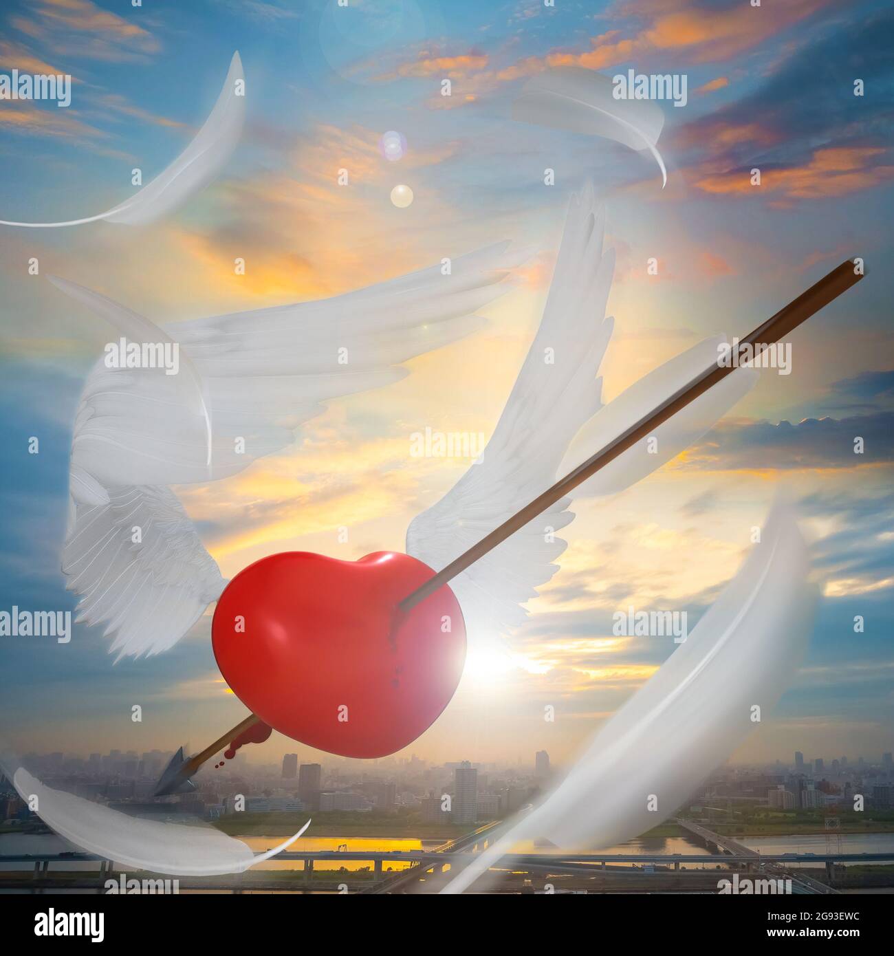 3D Rendering of a Red Heart with Angel Wings Shot in the Air with ...