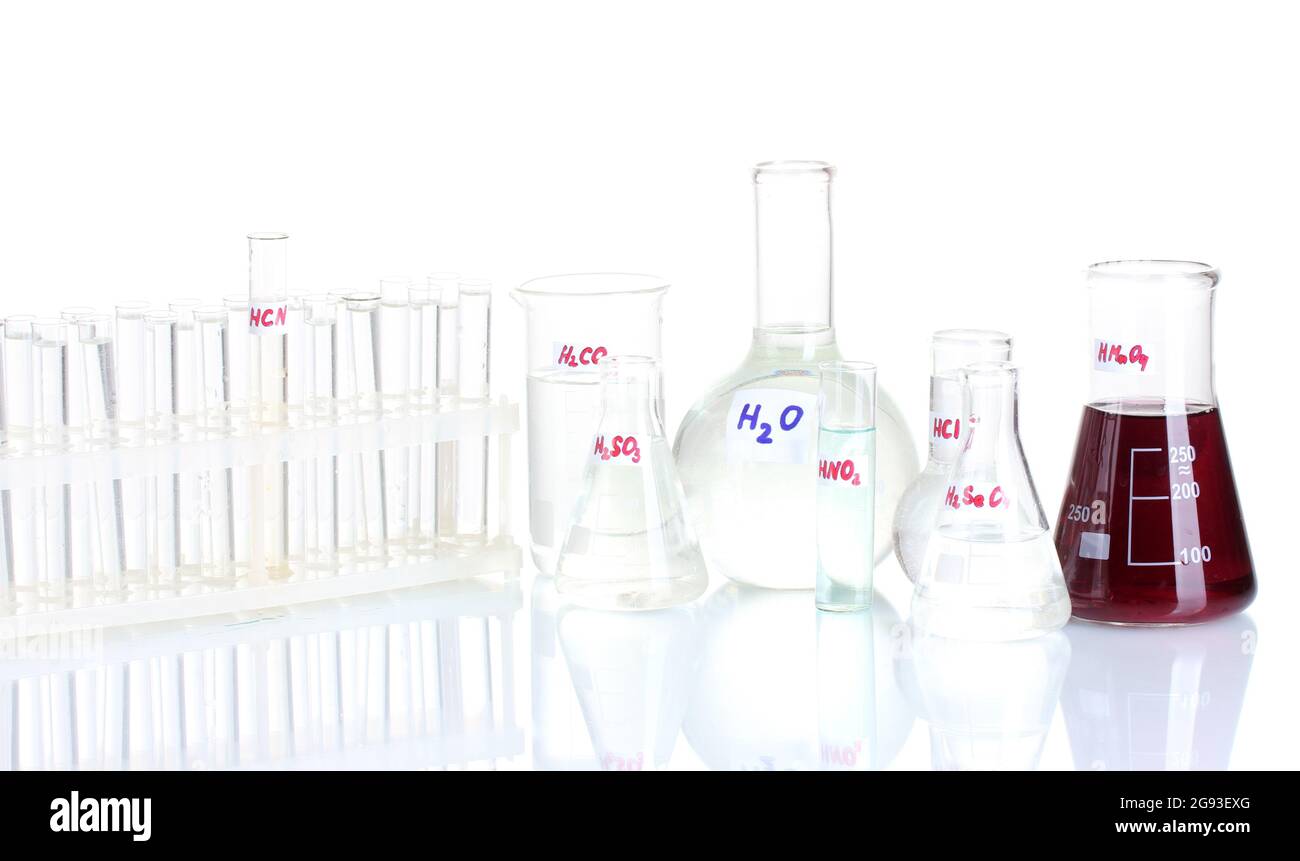 Test-tubes with various acids isolated on white Stock Photo - Alamy