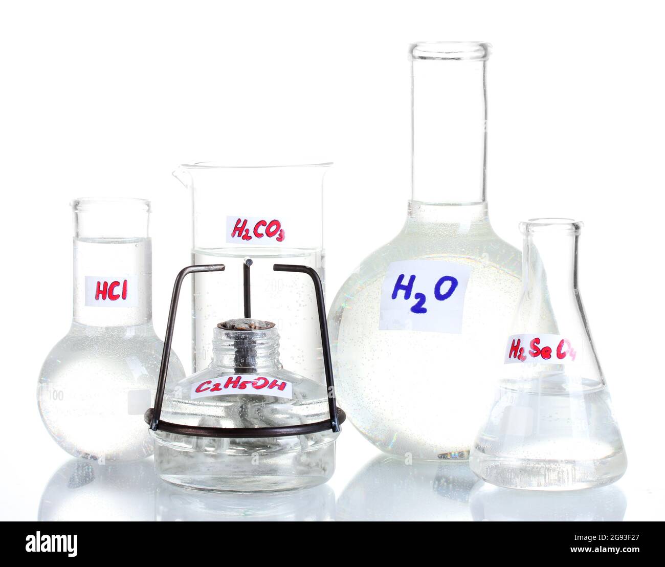 Test-tubes with various acids and chemicals isolated on white Stock ...