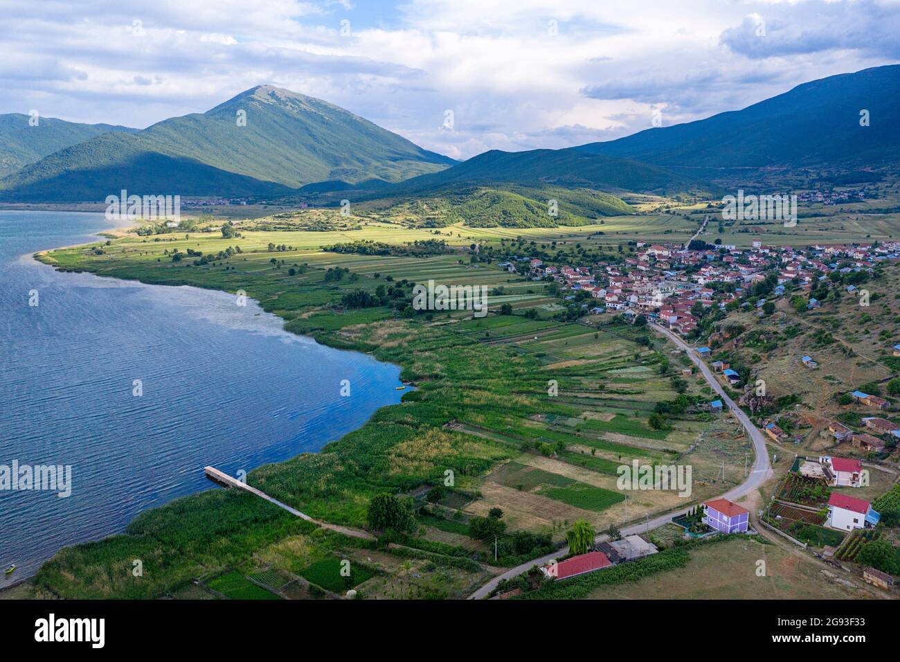 Aerial view of lake Prespa located on the tripoint of North Macedonia ...