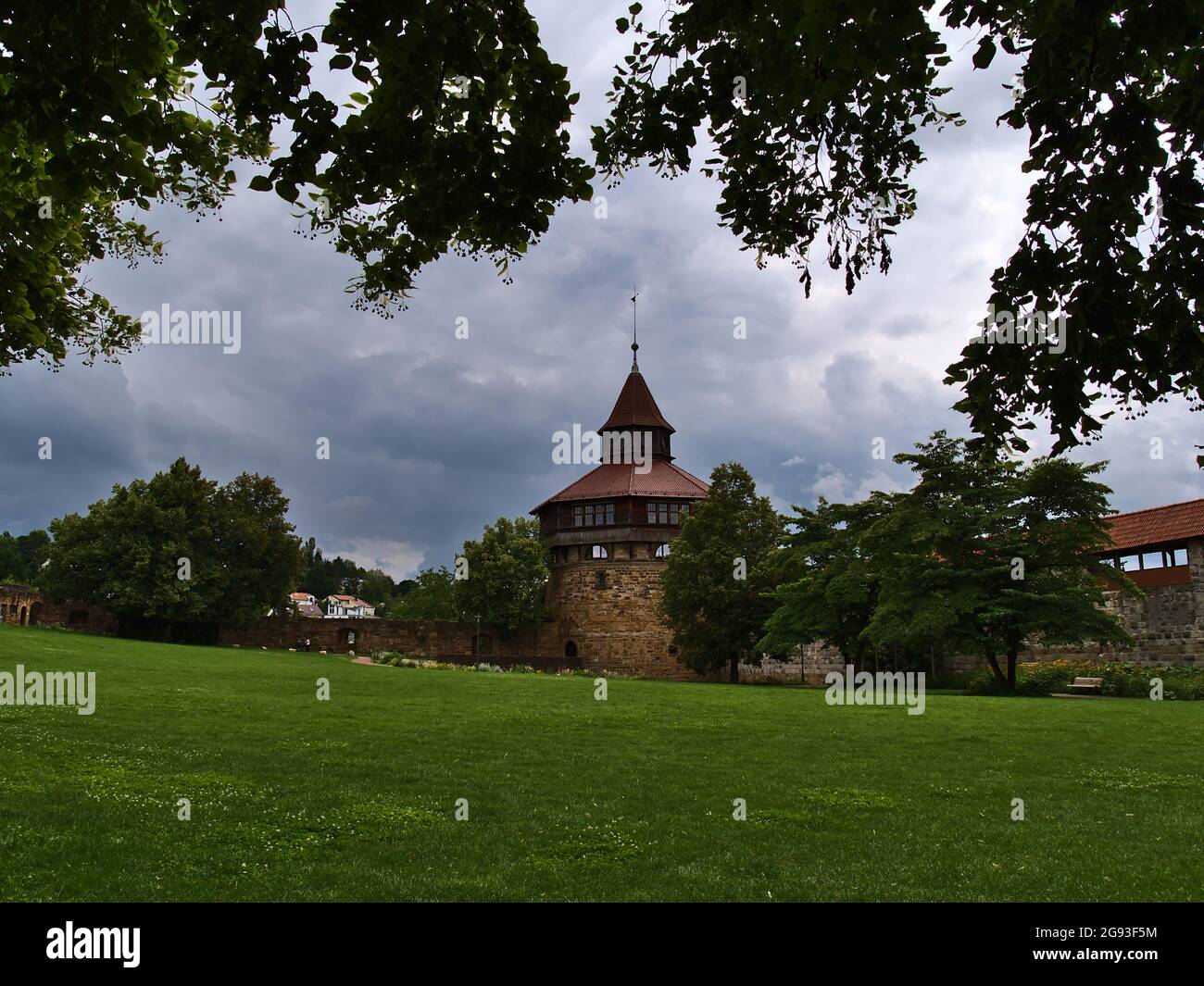 View of historic tower Dicker Turm ("thick tower"), part of castle and ...