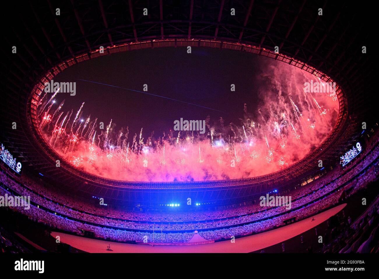 Tokyo, Japan. 23rd July, 2021. Fireworks over the Olympic Stadium ...