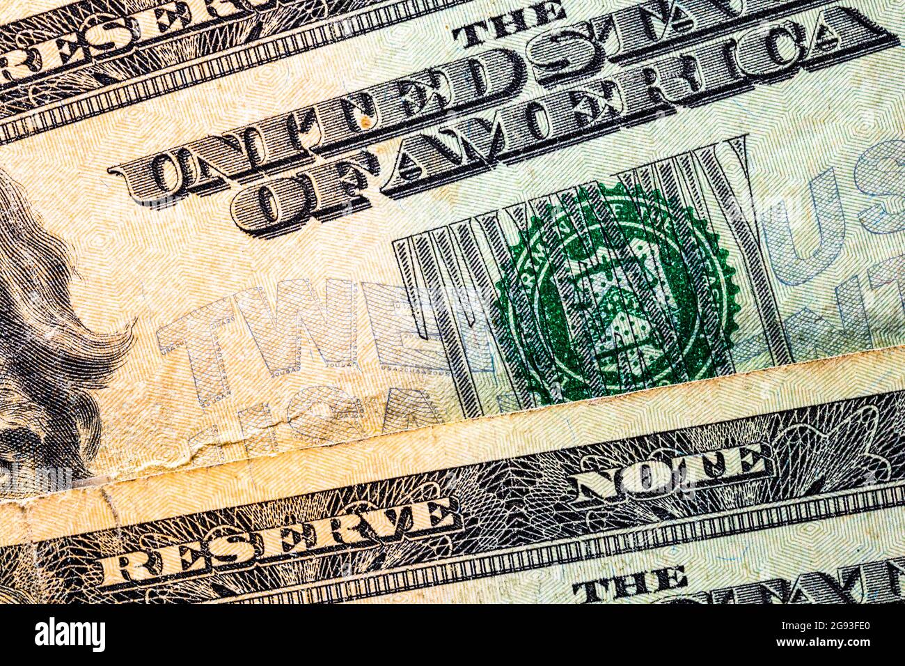 Selective focus on detail of USD banknotes. Close up macro detail of ...