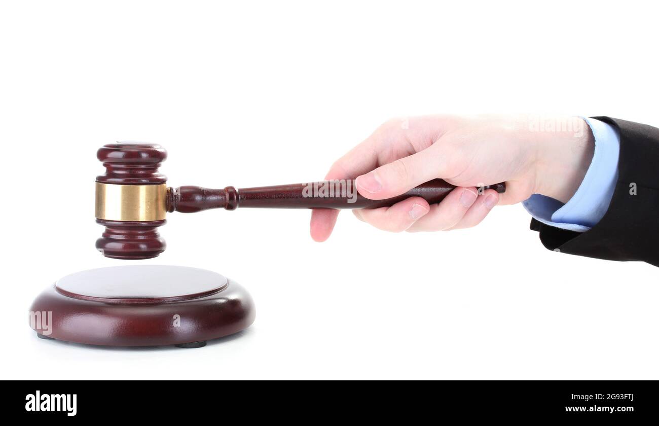 wooden gavel in hand isolated on white Stock Photo - Alamy