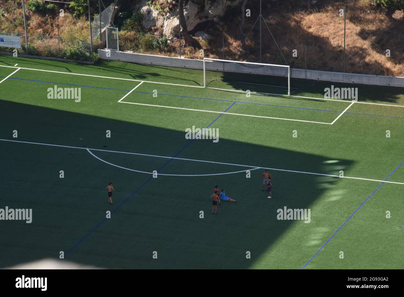 Aerial view of football players playing on the football pitch Stock ...