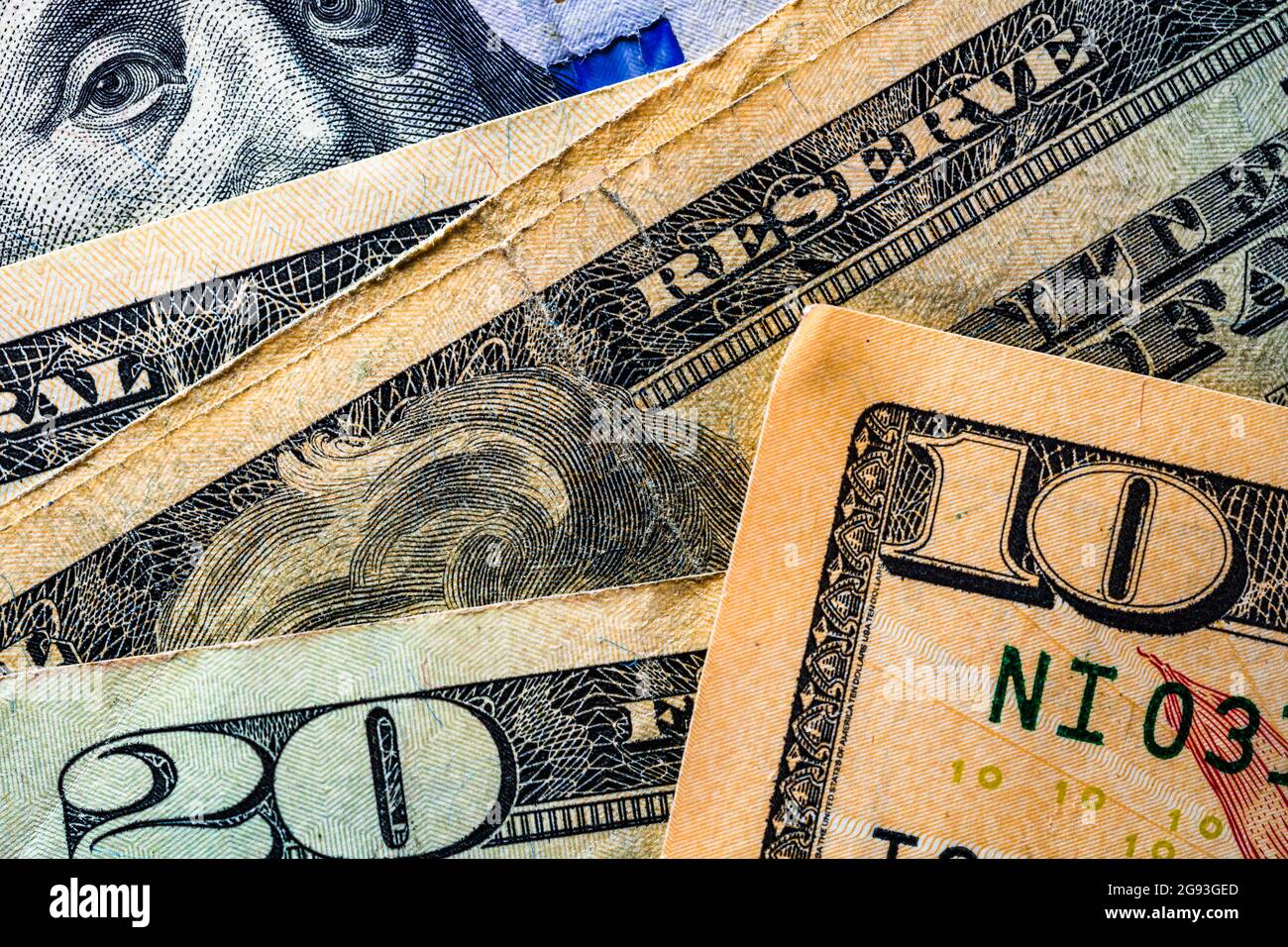 Selective focus on detail of USD banknotes. Close up macro detail of ...