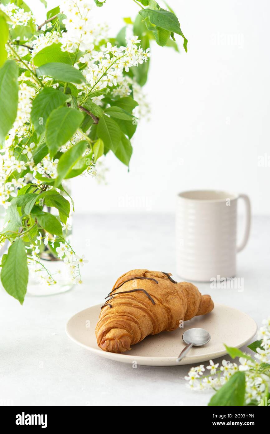 Chocolate croissant close-up on a plate and a mug of coffee, delicious ...