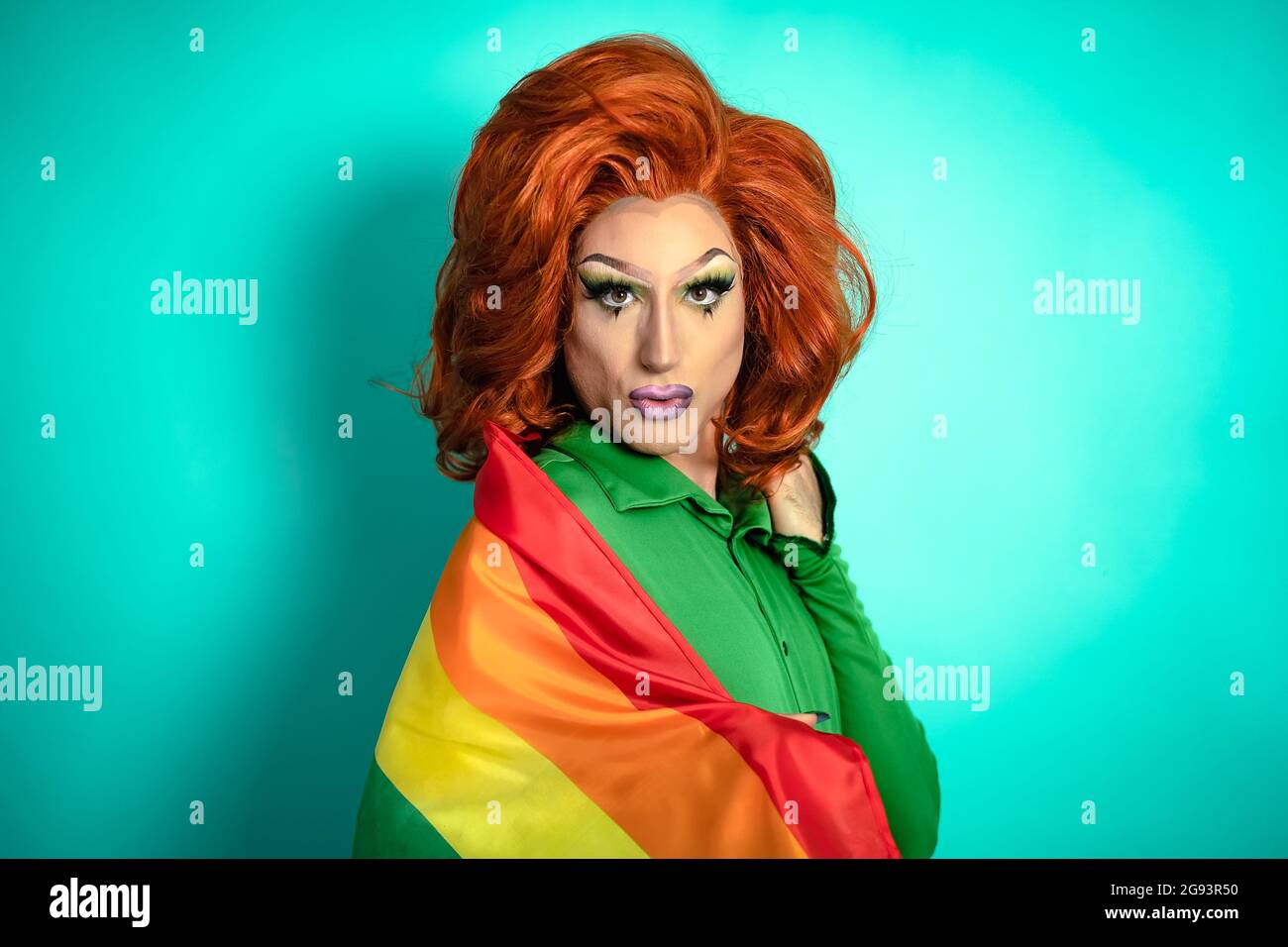 Happy Drag Queen Celebrating Gay Pride Holding Rainbow Flag Lgbtq