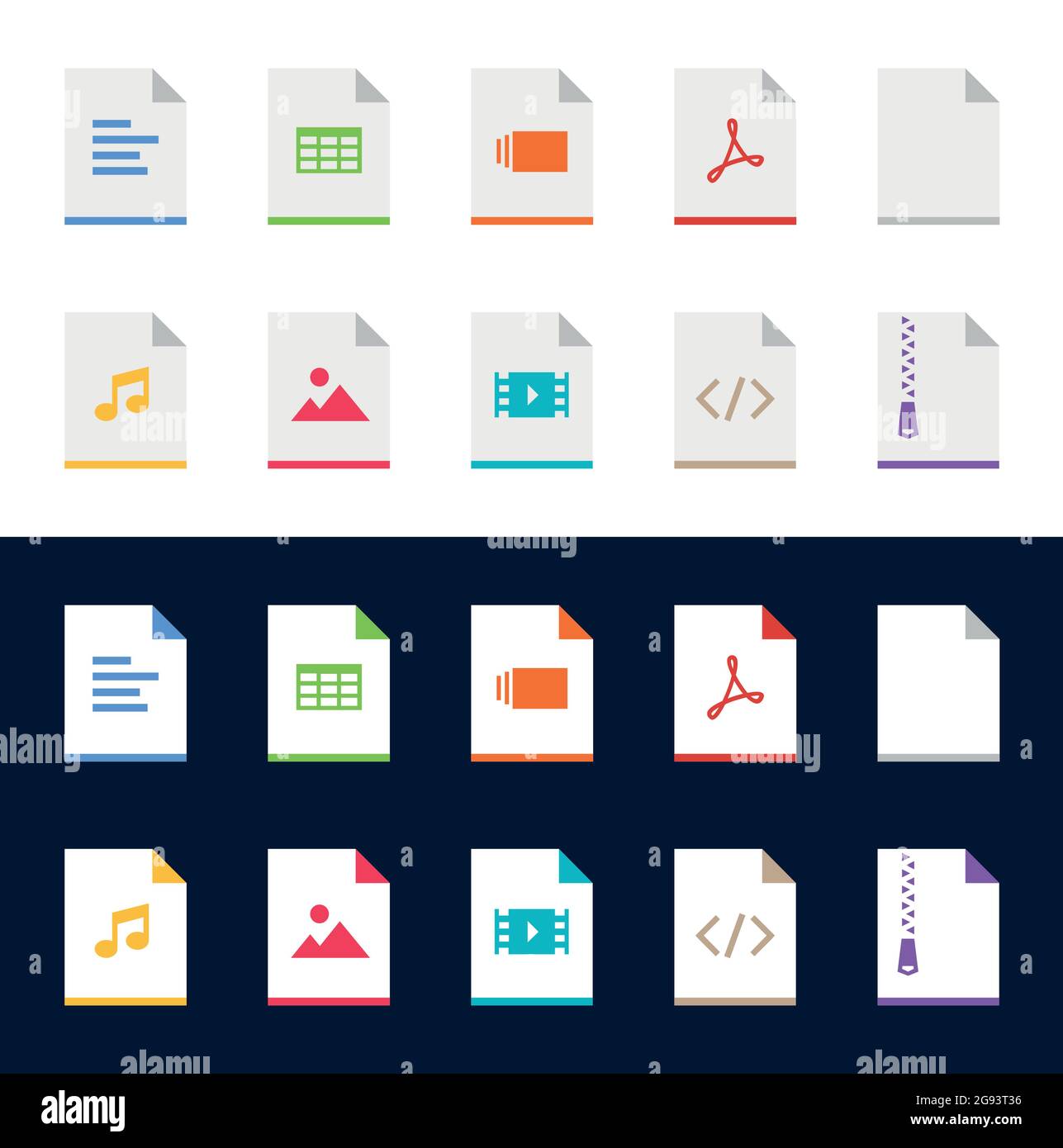 File types flat icon pack on dark and white background. Vector icons ...