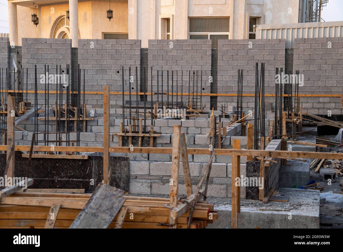 Contruction of a new residential house, concrete, rebar and form work ...