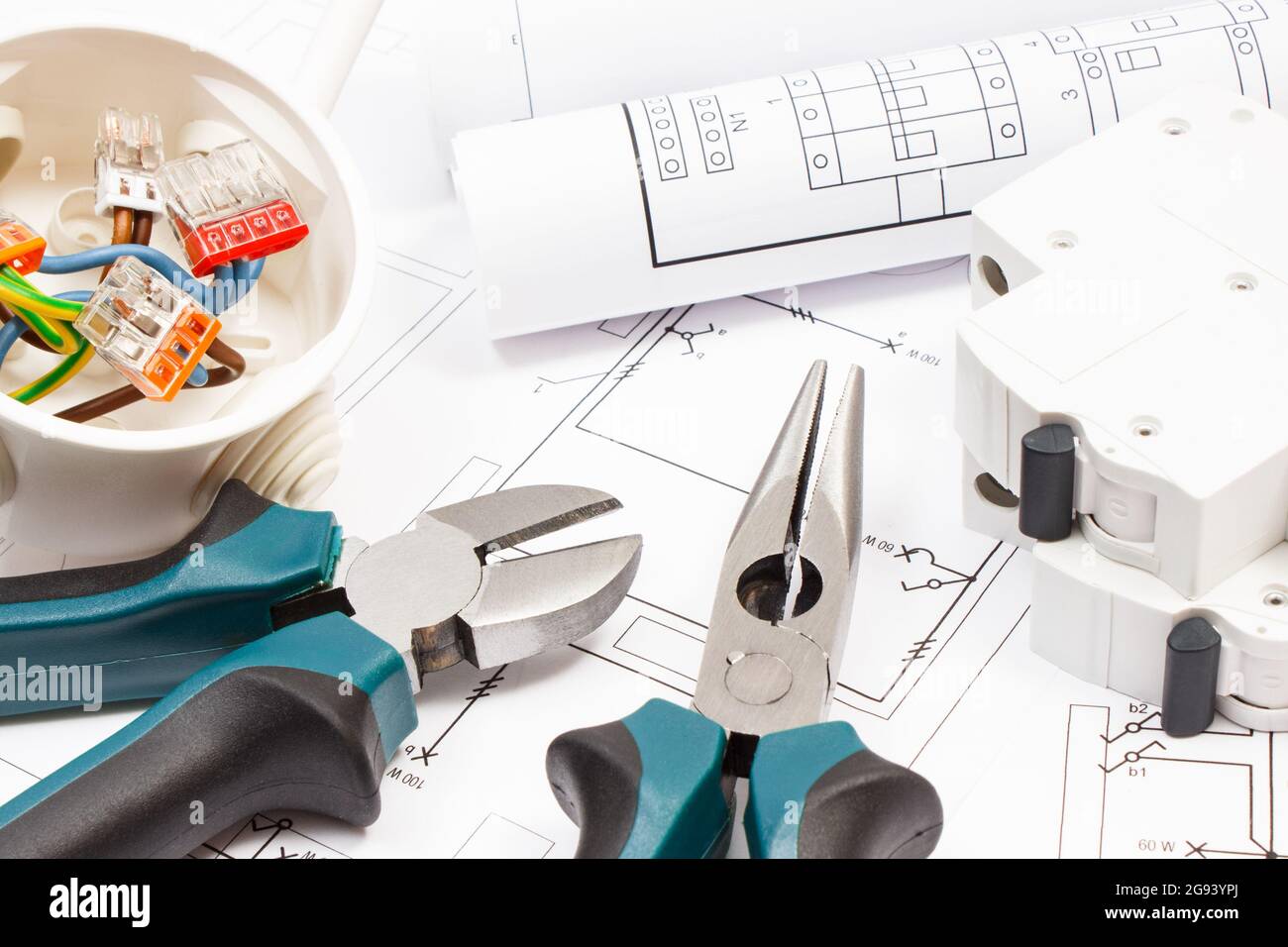 Metal tools using for works, electric fuse and box with connected ...