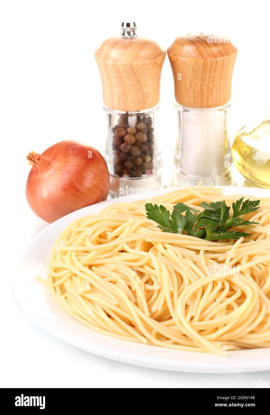 Composition of the delicious spaghetti close-up on white Stock Photo ...