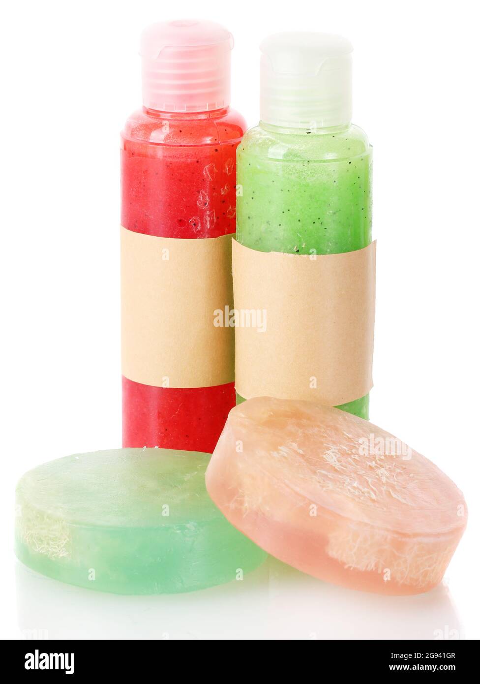 Bottles with scrub and soaps isolated on white Stock Photo - Alamy