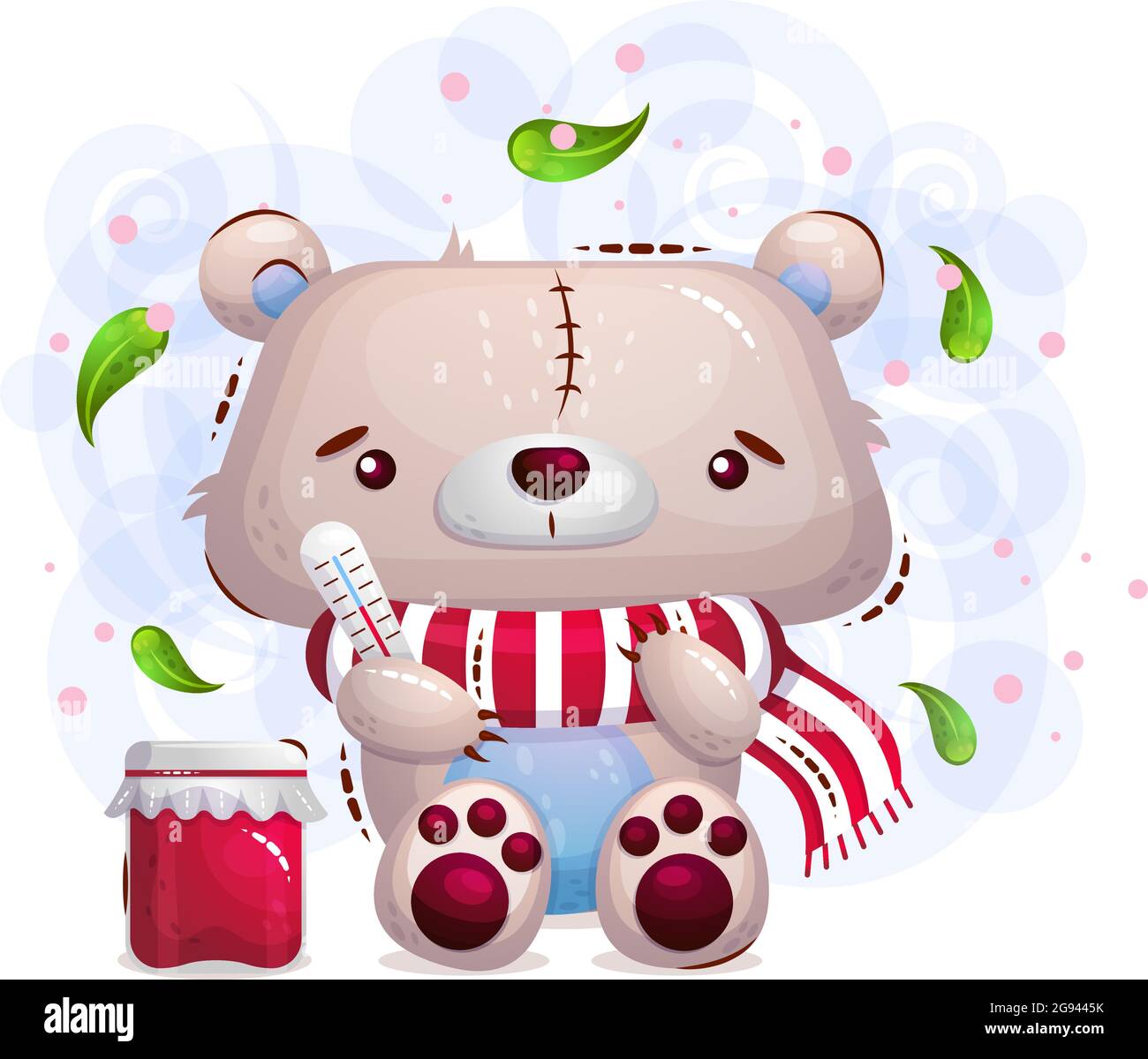 Cute sick teddy bear in a scarf and a can of jam. Vector dessert ...