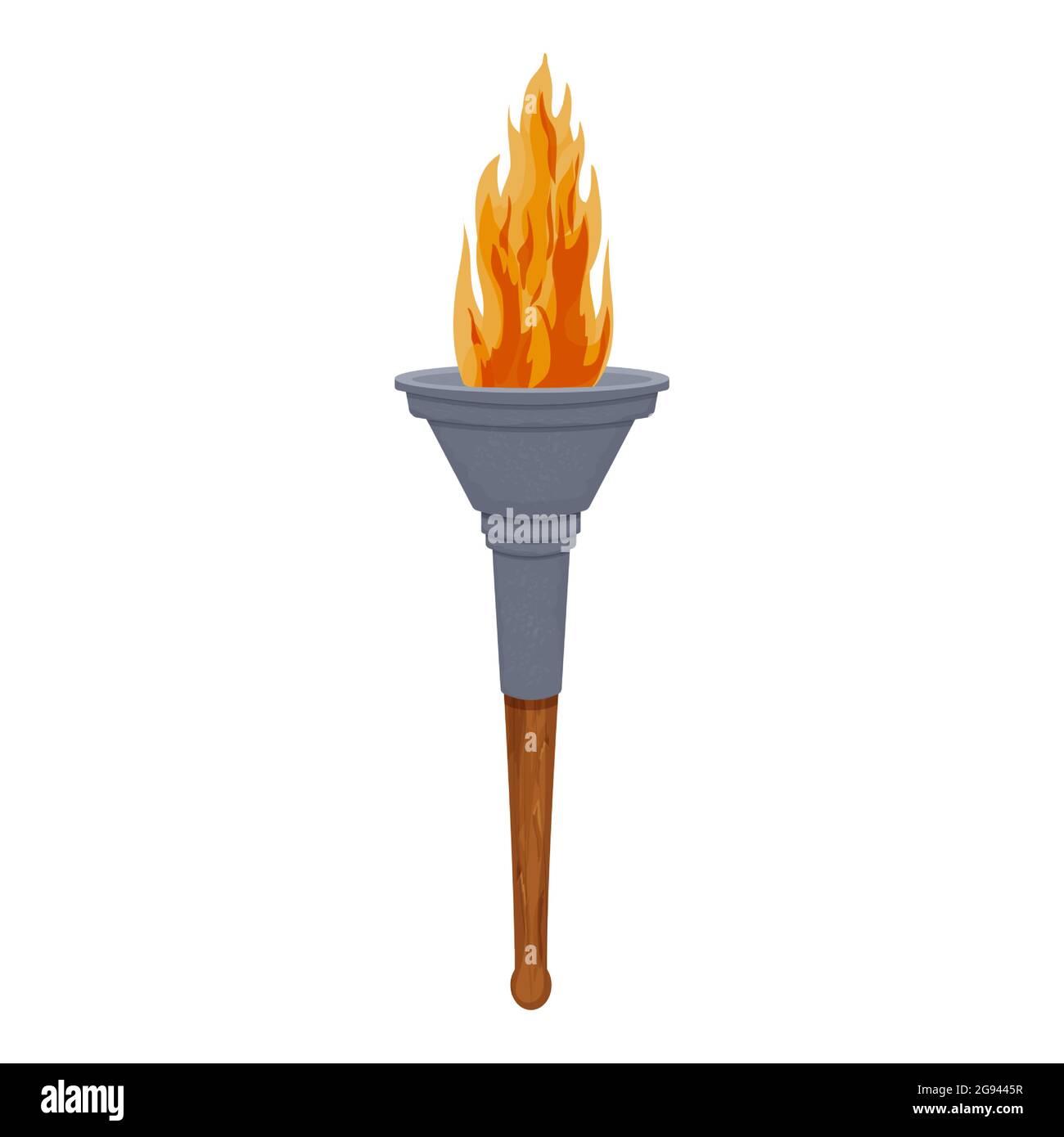 Medieval torch wooden stick and iron with flame in cartoon style ...