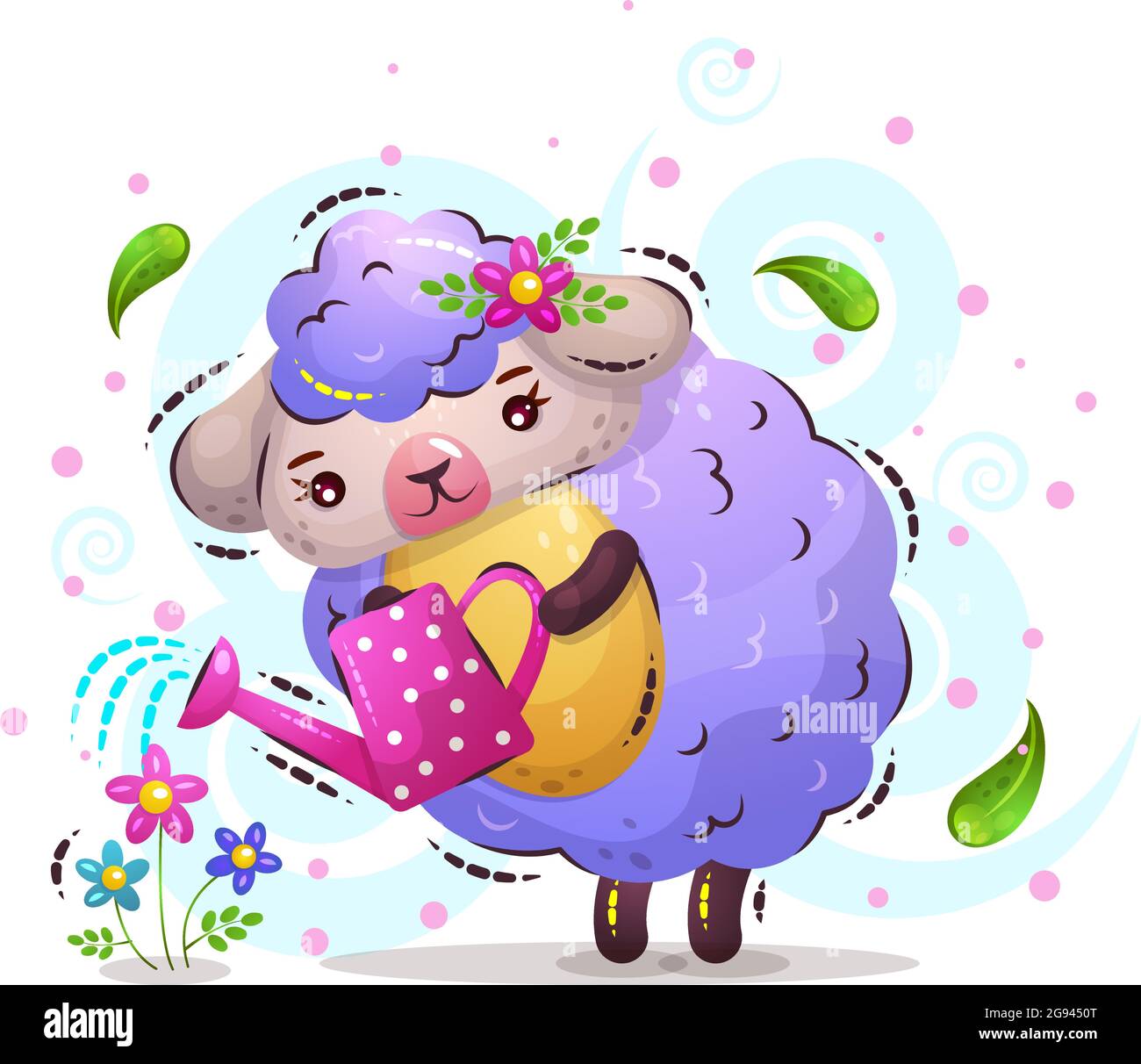 A cute sheep girl pours flowers with water in the garden. Cartoon-style ...