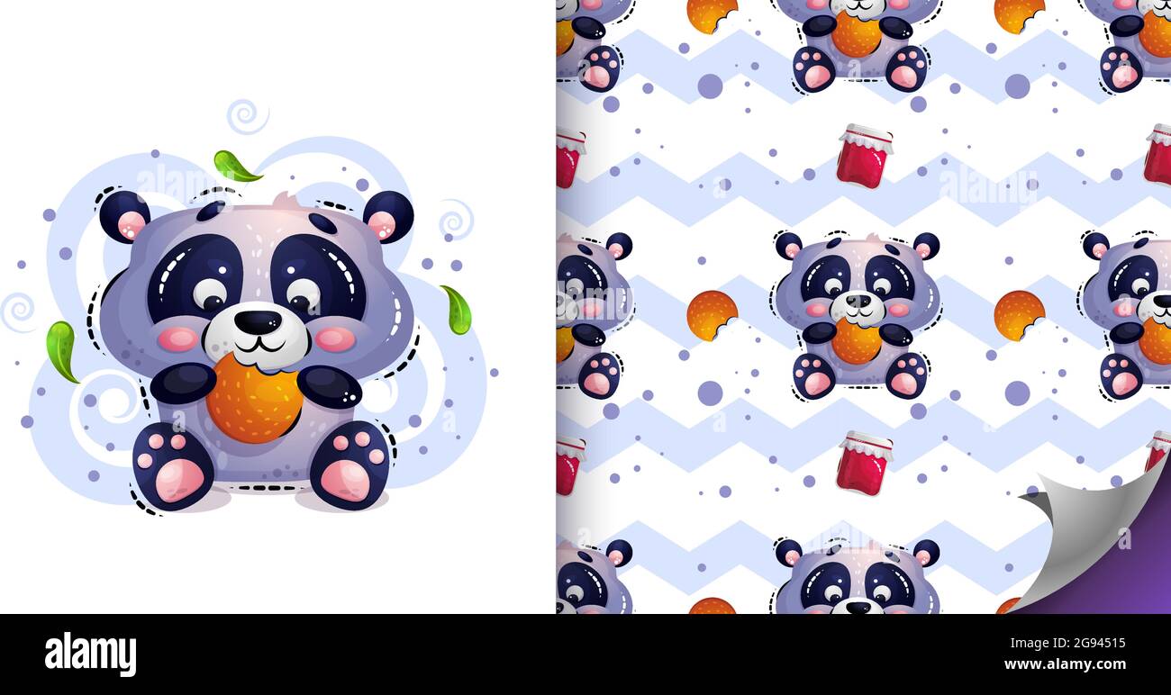 Cute hungry panda bear sits and eats cookies. Vector seamless pattern ...