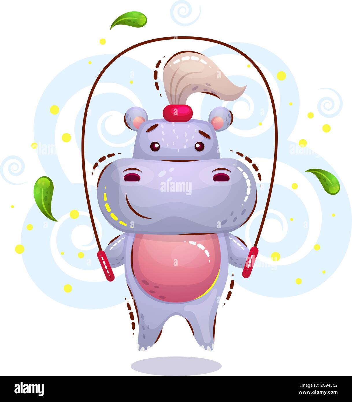 Cute girl hippo is engaged in sports and jumps on a rope. Vector flat ...