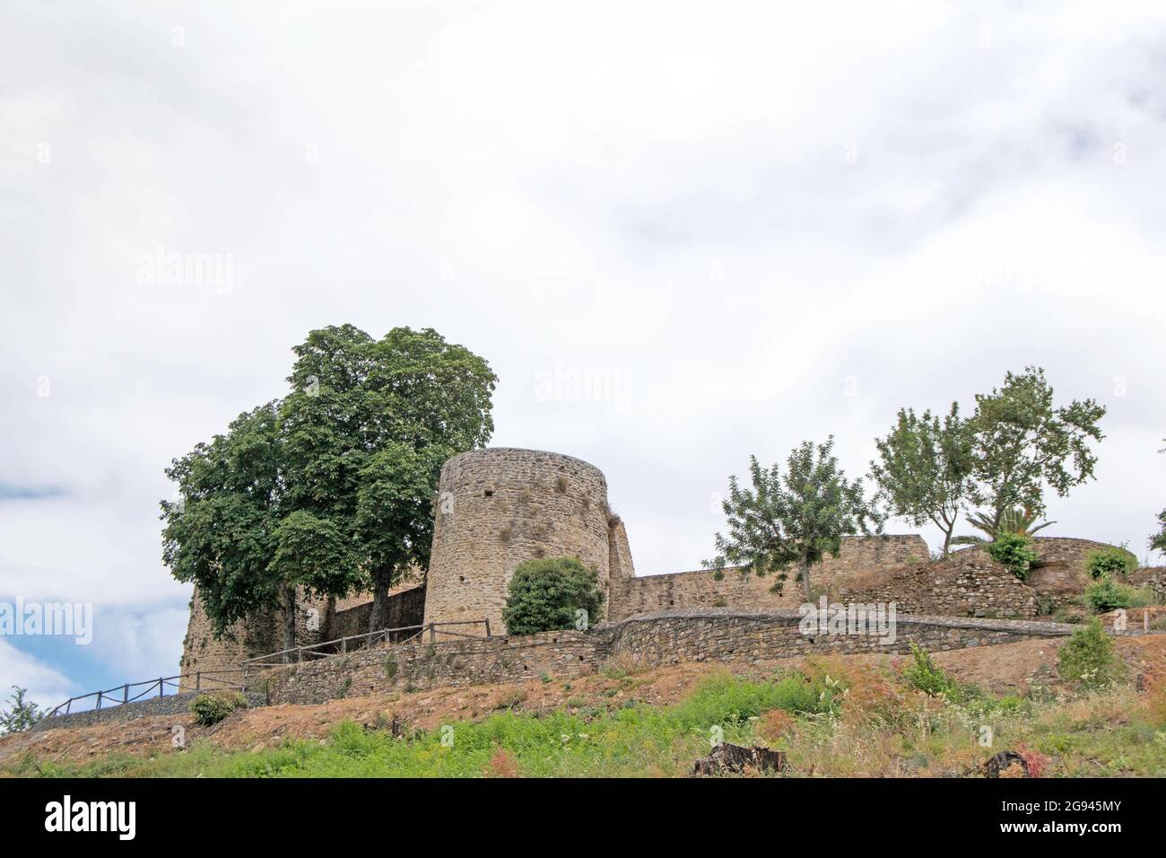 Ancient castle of Constantina on top of a hill, Seville, Andalusia ...