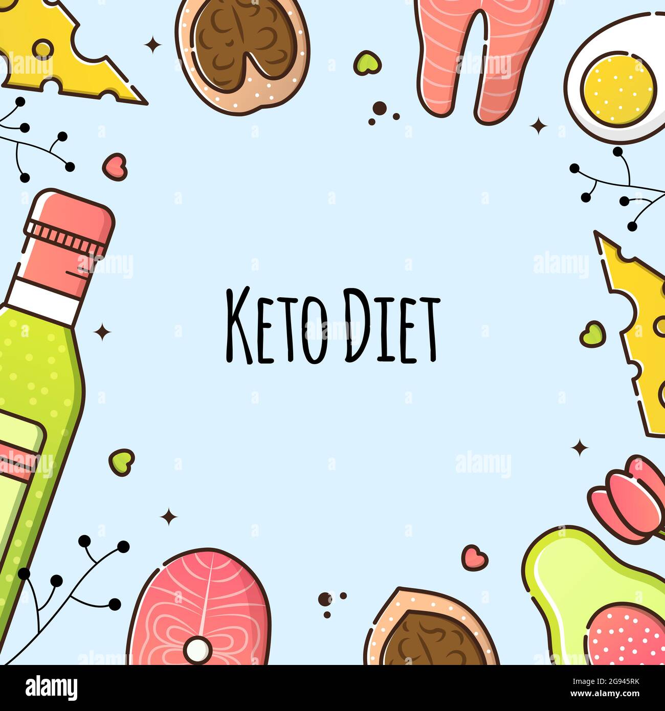 Vector illustration of keto diet on a blue background. Olive oil ...