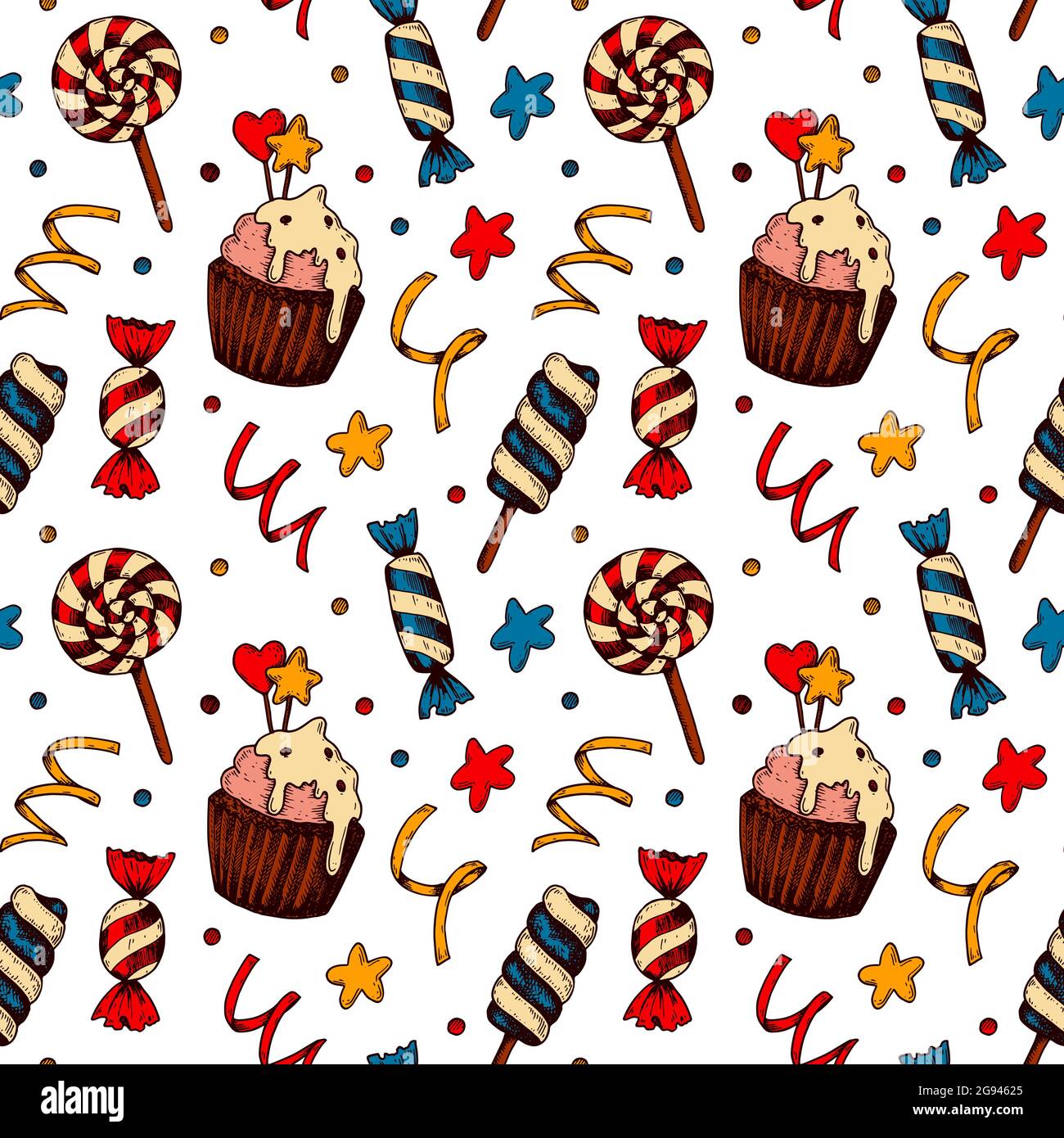 Hand drawn candy seamless pattern. Vector illustration in colored ...