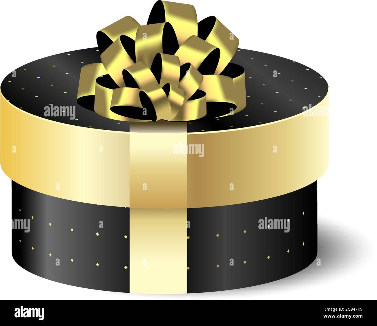 Round packing box 3D black with gold. Vector isolated object. Present ...