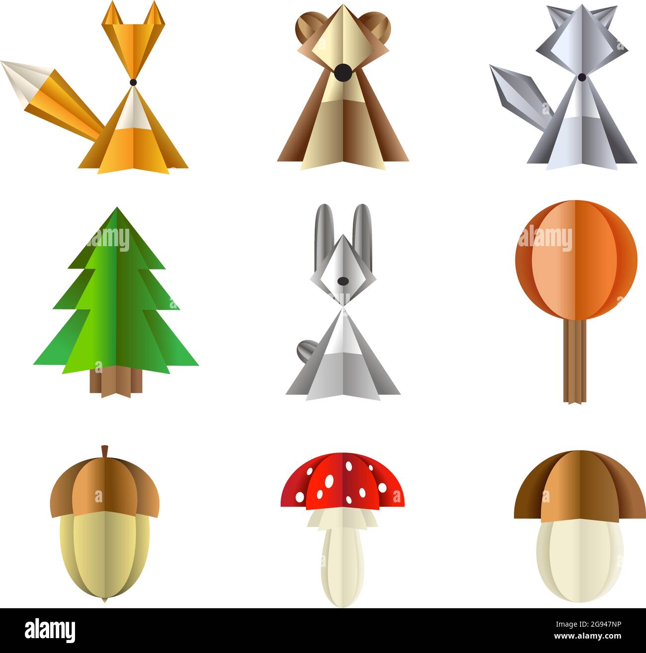 Forest wild animals and plants illustration. Vector set of isolated ...