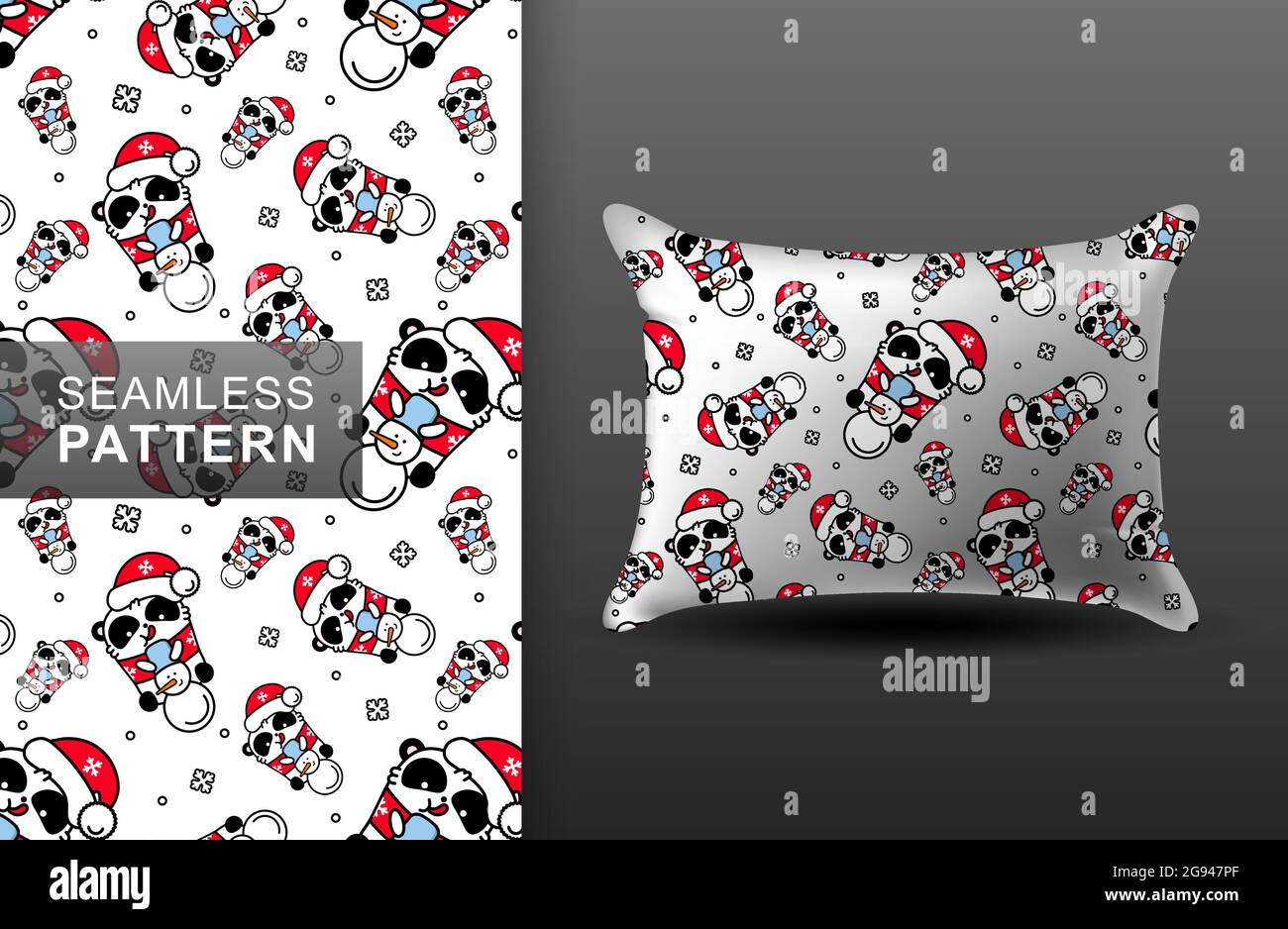 Panda kawaii santa seamless pattern. Mockup pillow. Cute vector happy ...