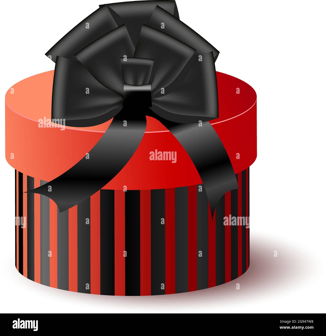 Round packing red box 3D with black bow and ribbons. Vector isolated ...
