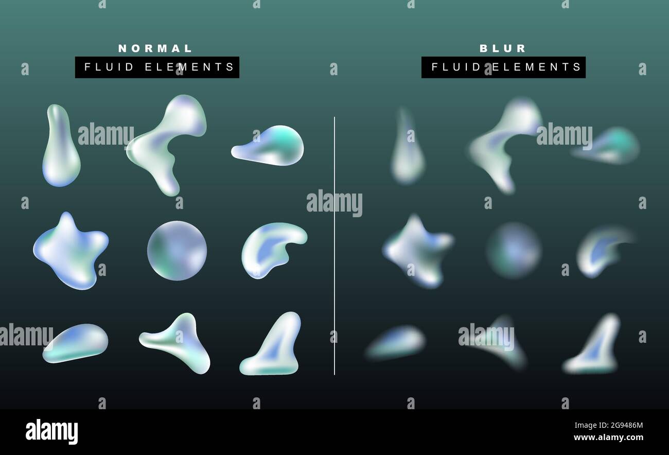 Vector set of realistic liquid drop. Fluid effect blurry shapes ...
