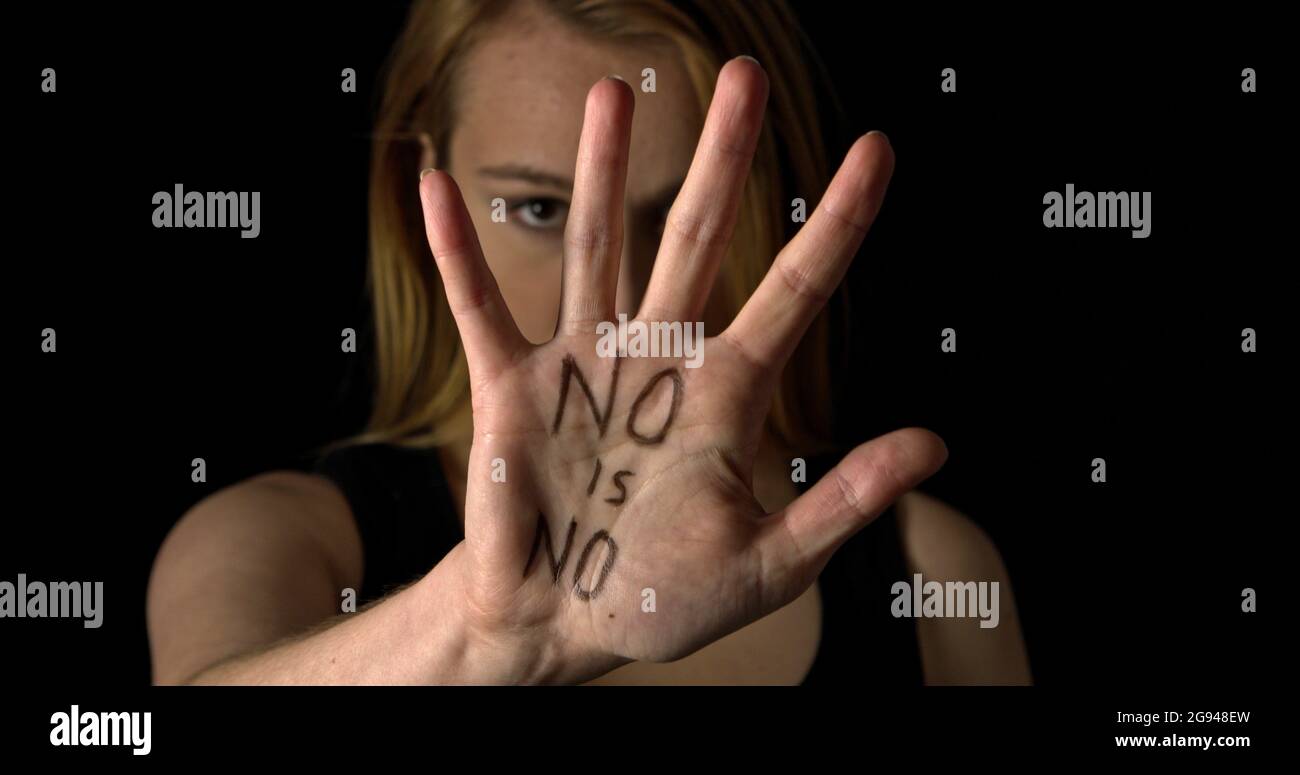 Woman showing hand with sign - No means no. Abuse concept Stock Photo ...