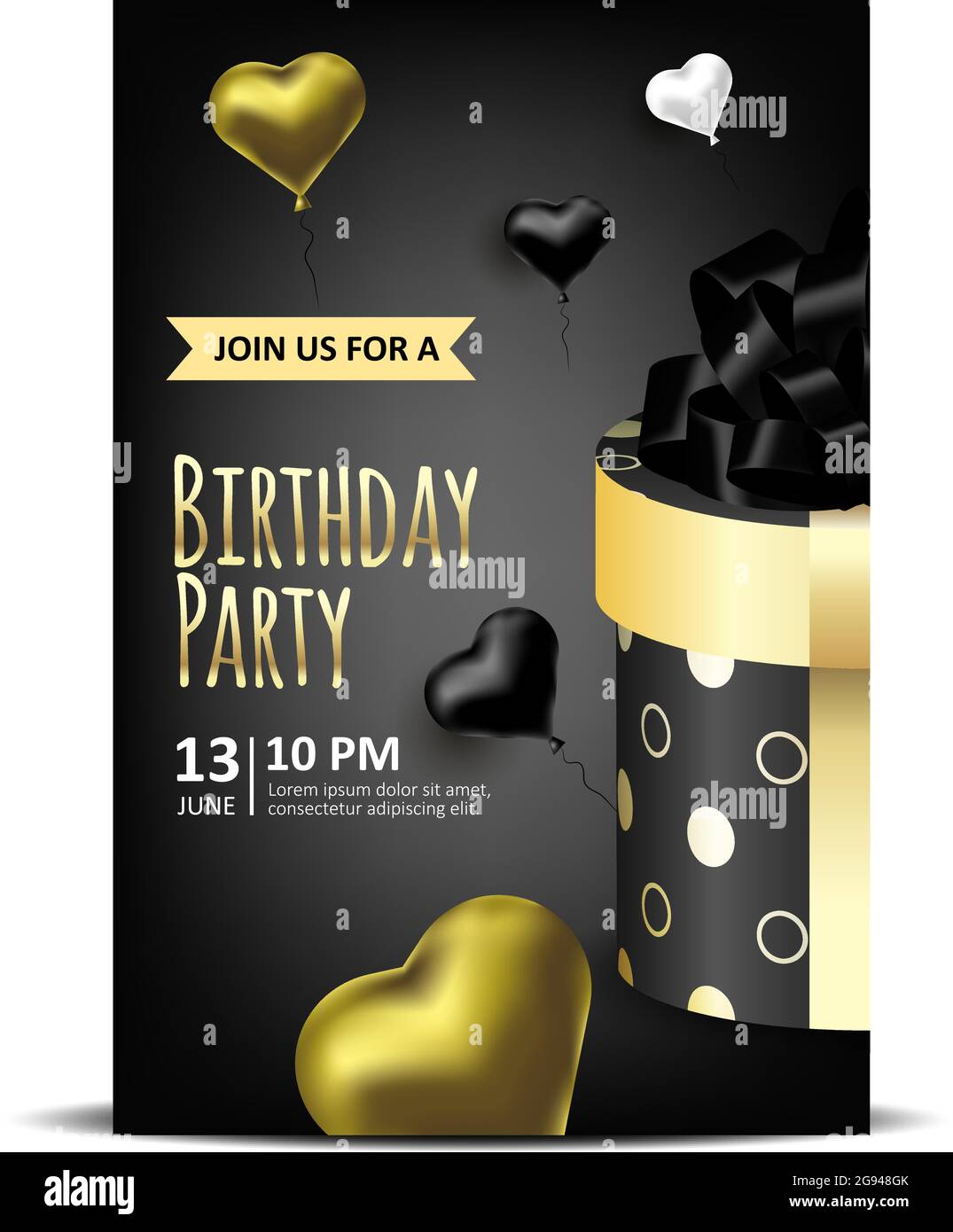 Birthday invitation with packing boxes and golden balloons. Vector ...