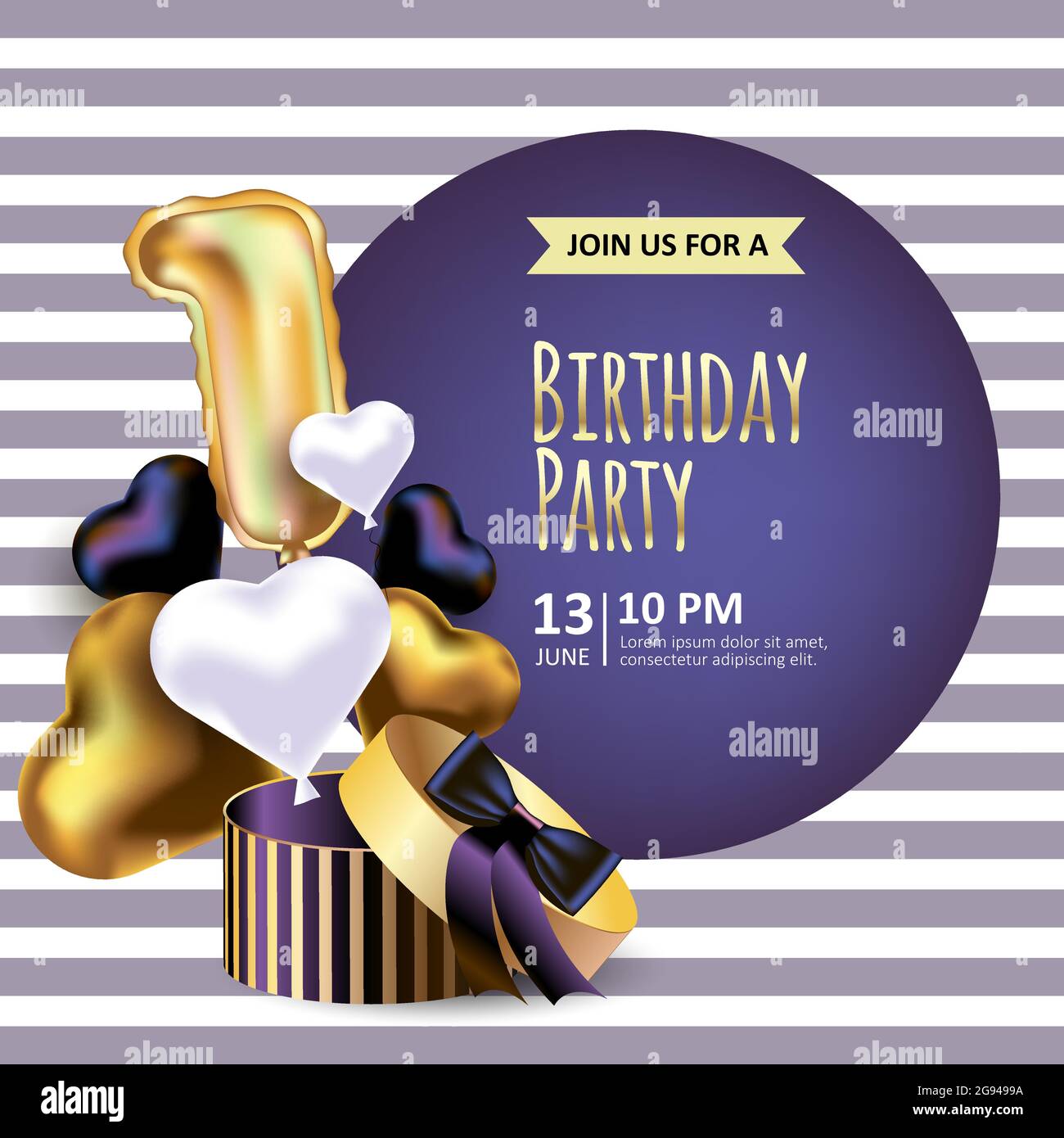 Birthday invitation with realistic packing box and golden balloons in ...