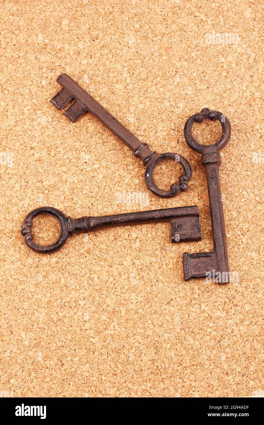 a bunch of antique keys on cork background Stock Photo - Alamy
