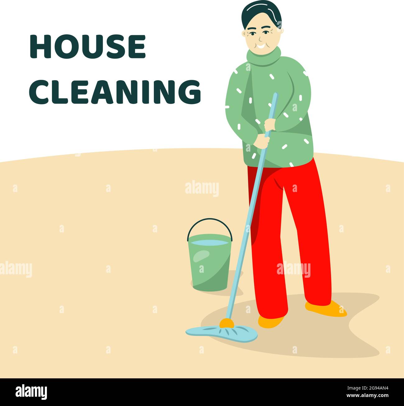 House cleaning. Man grandfather washes the floor with a mop. Vector ...