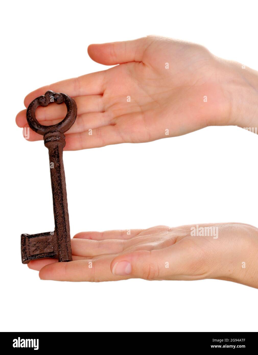 woman's hand holding an antique key on white background Stock Photo - Alamy
