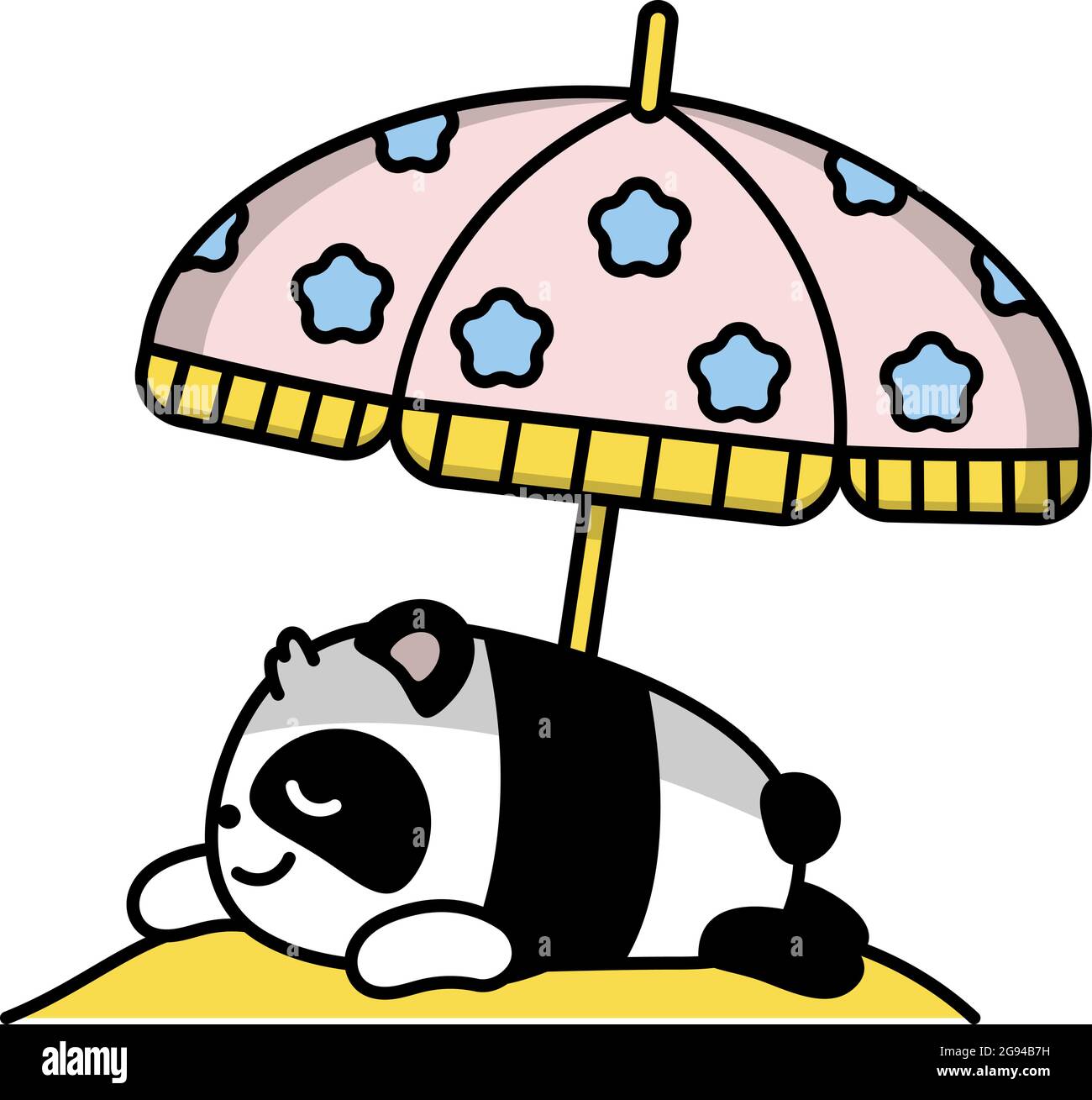 Little cute panda lies sunning on the beach under a beach umbrella ...