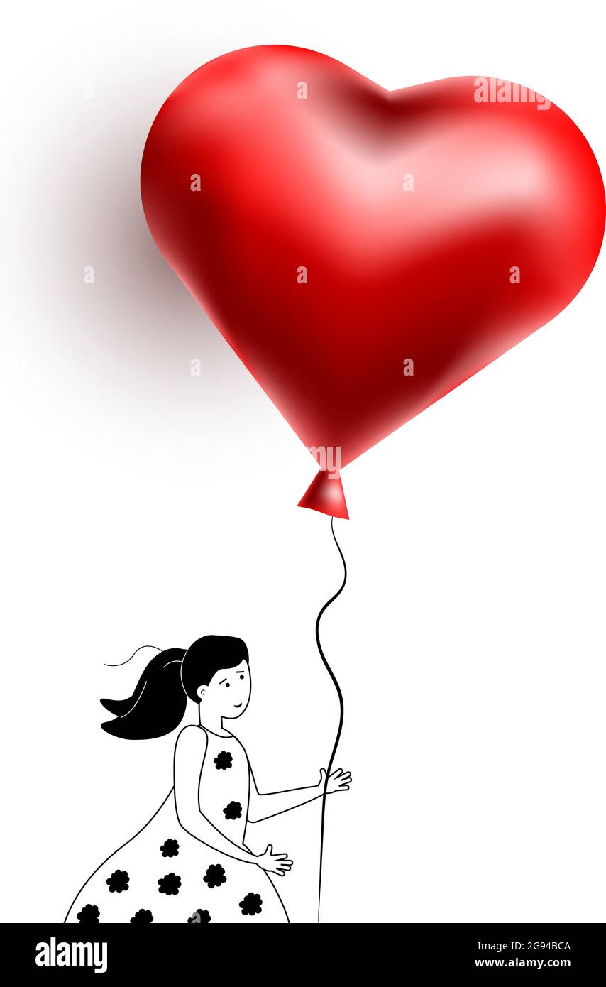 Young happy woman walking with balloon in the shape of heart, tiny ...