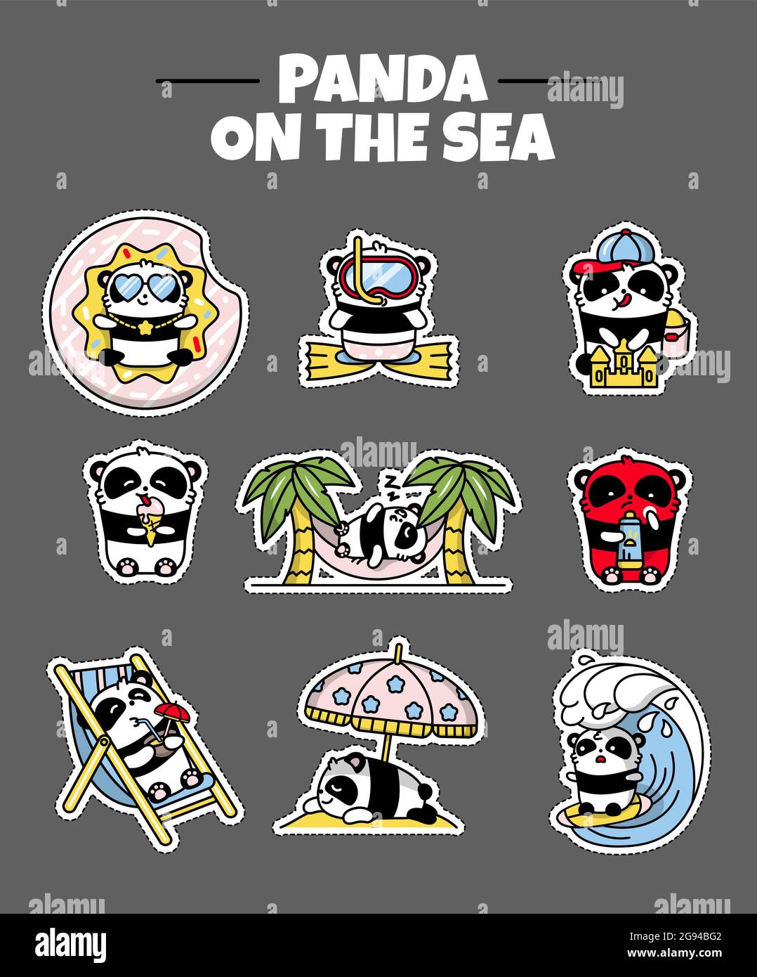 A set stickers of little cute pandas on a summer holiday. Beach party ...