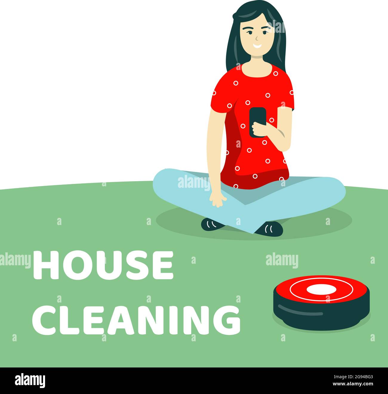 House cleaning. The girl is sitting on the floor and vacuuming with a ...