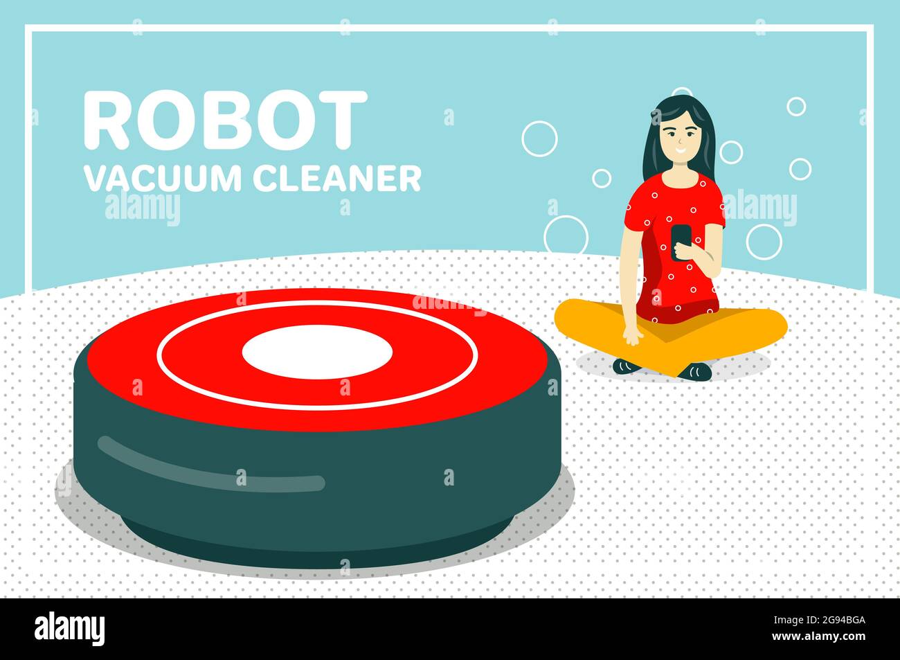 House cleaning. The girl is sitting on the floor and vacuuming with a ...
