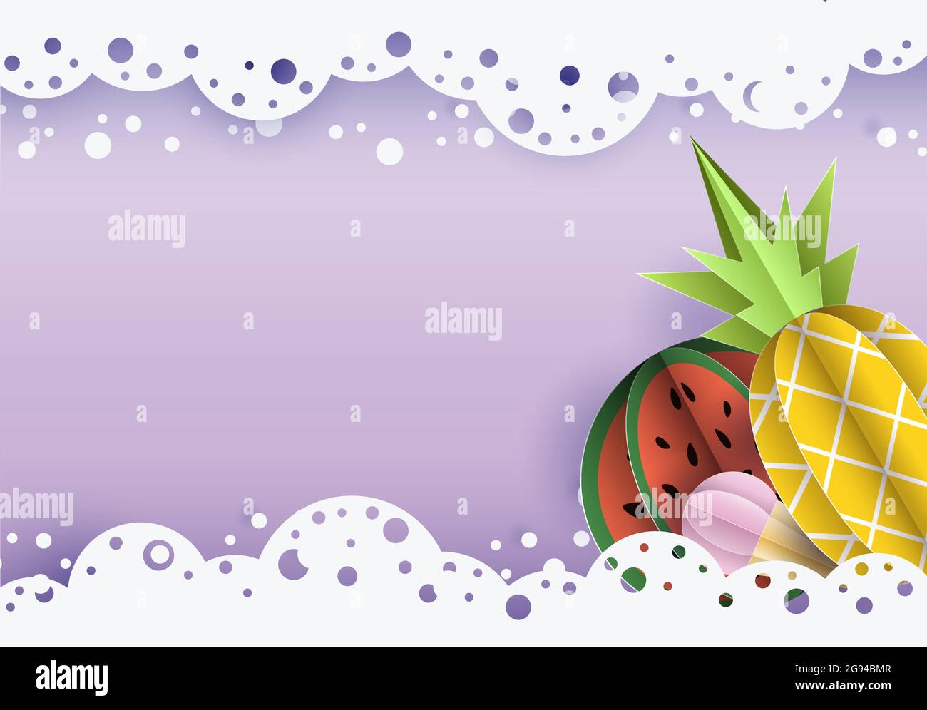 Vector summer background 3d paper cut with lace, ice cream clouds ...