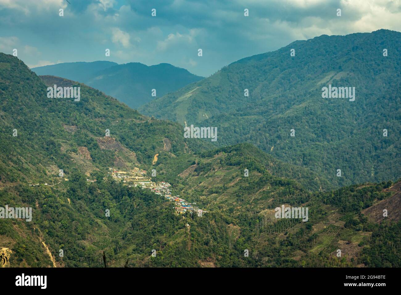 mountain range with dense green forests at morning from flat angle ...