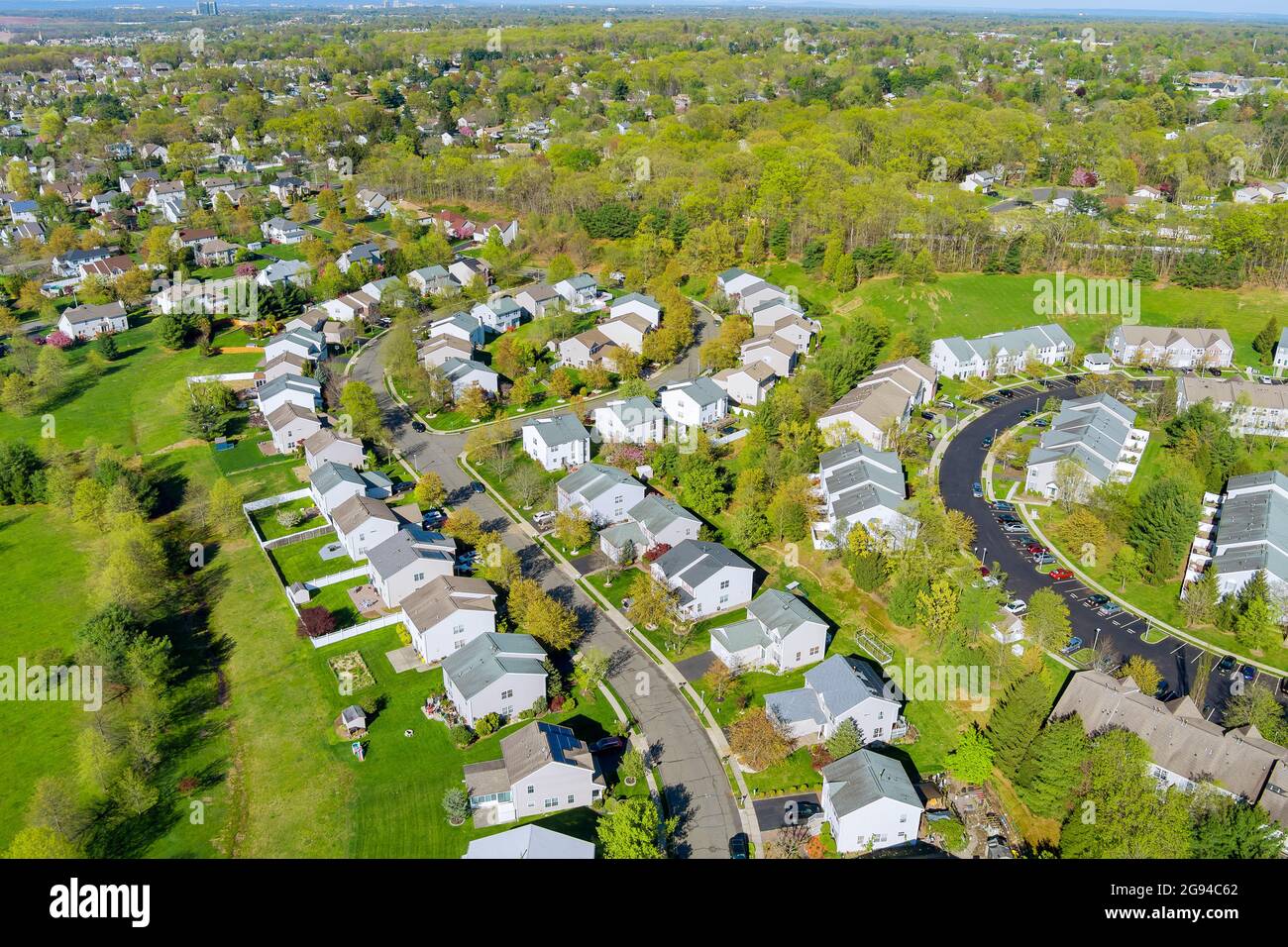 Small american town district with houses and roads on aerial view ...
