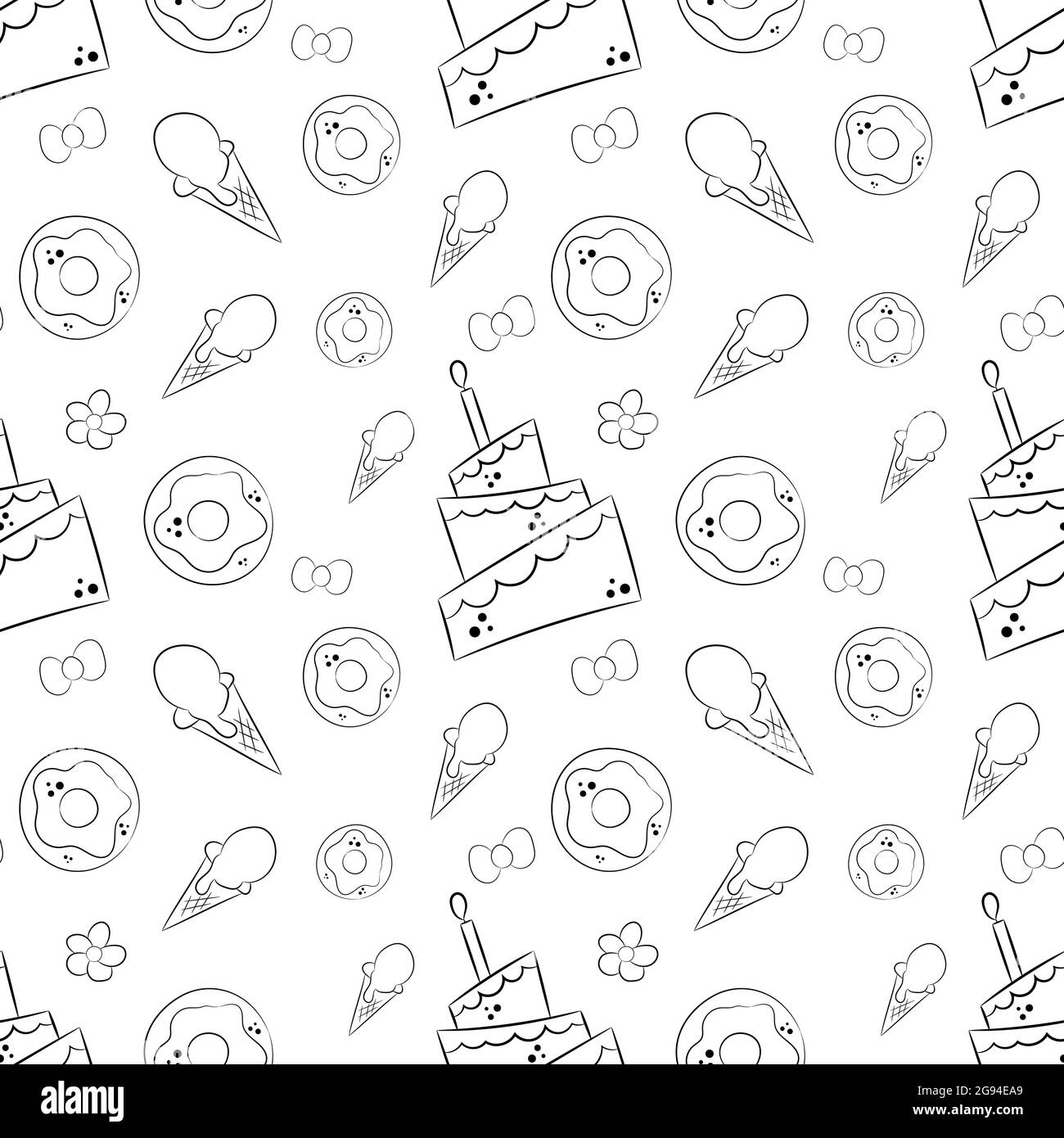 Vector pattern with cute cake, cice cream, donut and stars. Magic hand ...