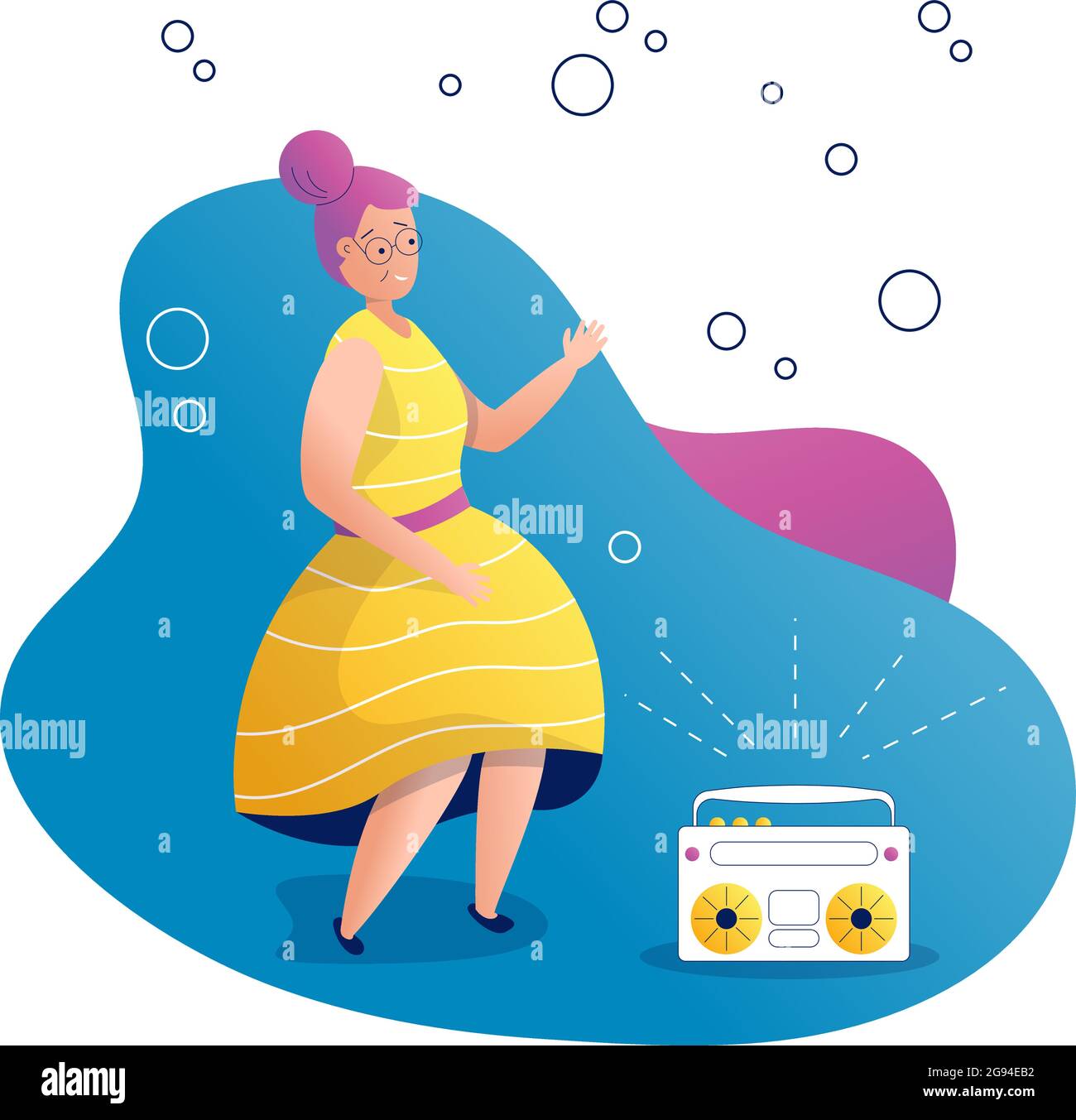Grandmother dancing to music from a tape recorder. Woman in a beautiful ...