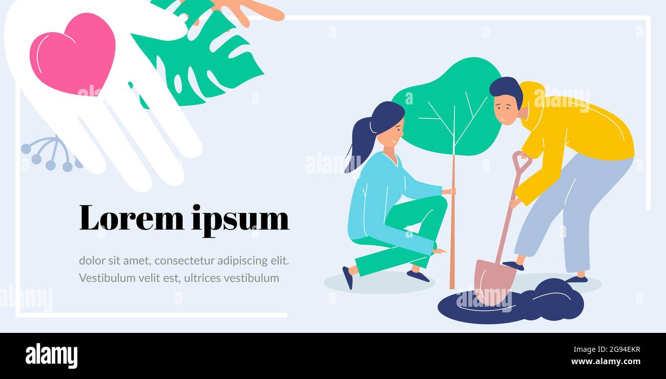 Girl and boy volunteers plant a tree. Landscaping the planet. Vector ...